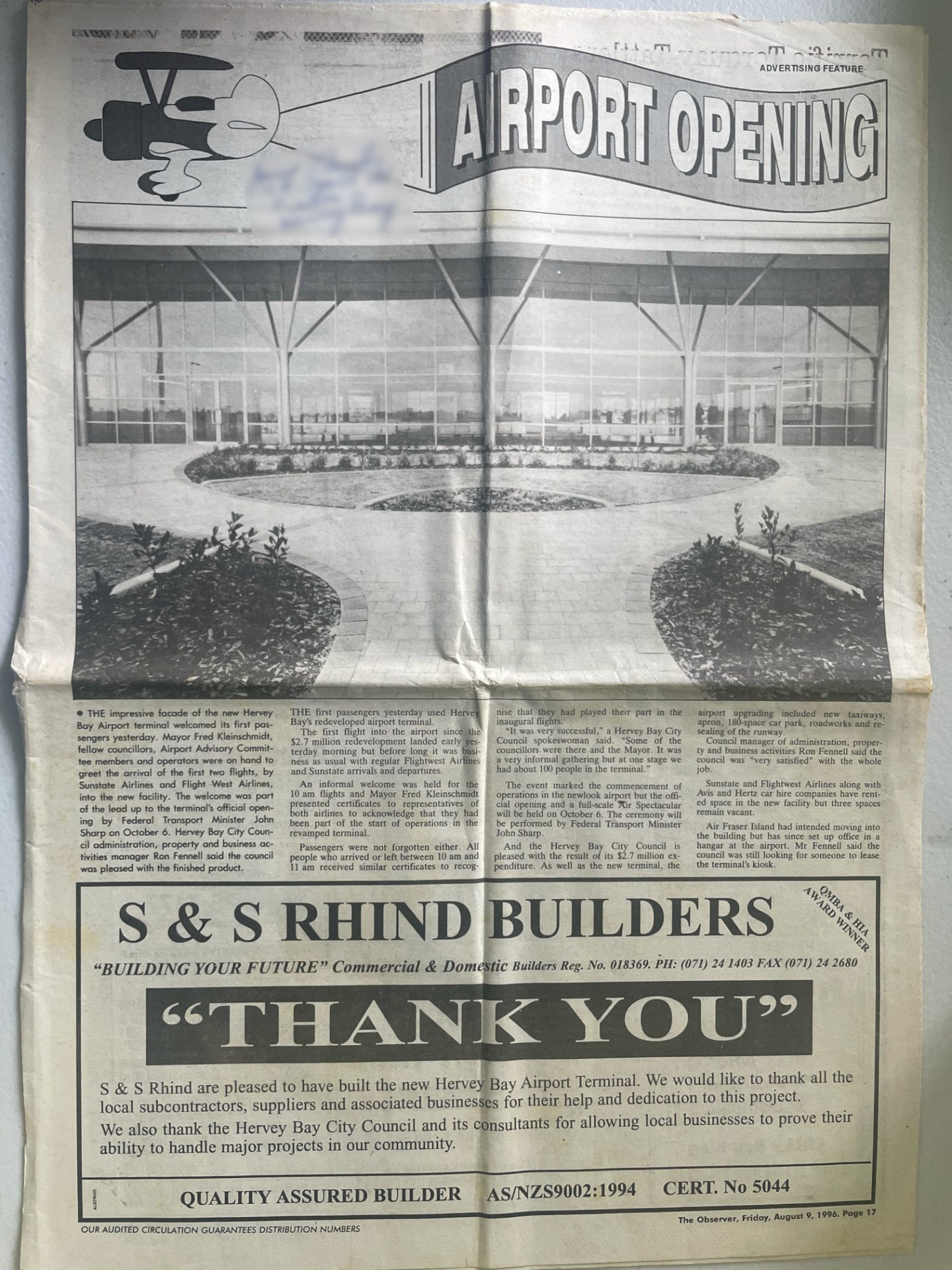 Hervey Bay Airport Terminal Opening 1996 | Hervey Bay Aero Club